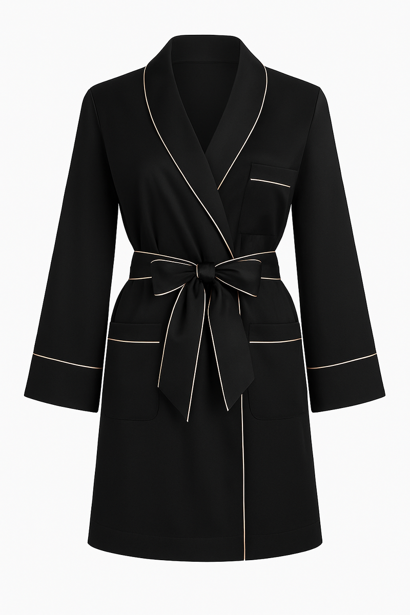 Robe with Matching Hair Scrunchie - Black with Dusty Rose Piping ...